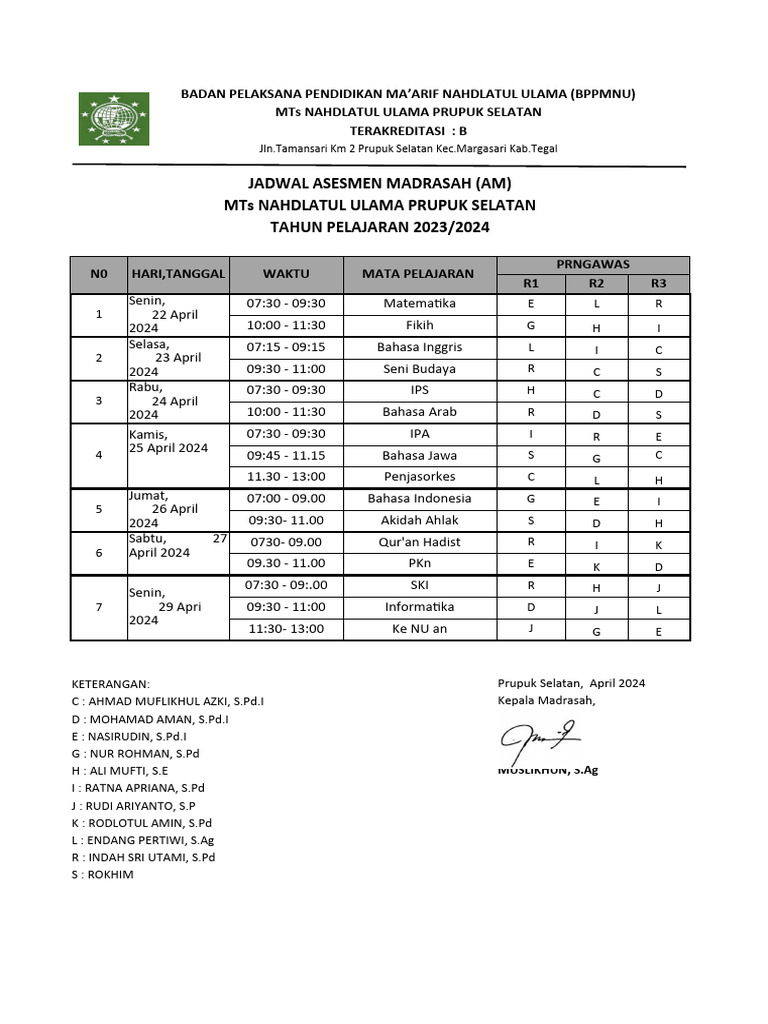 Jadwal Asesmen MTs Nahdlatul Ulama 2023/2024 | PDF