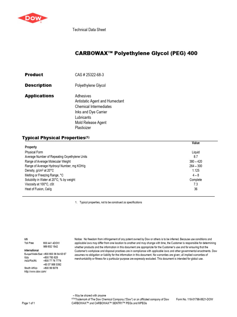 CARBOWAX Polyethylene Glycol (PEG) 400 | Download Free PDF ...