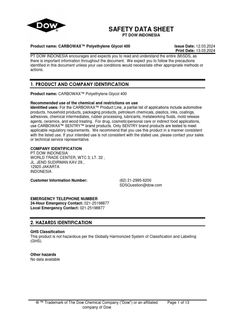 CARBOWAX Polyethylene Glycol 400-Safety Data Sheet-En | PDF | Toxicity ...