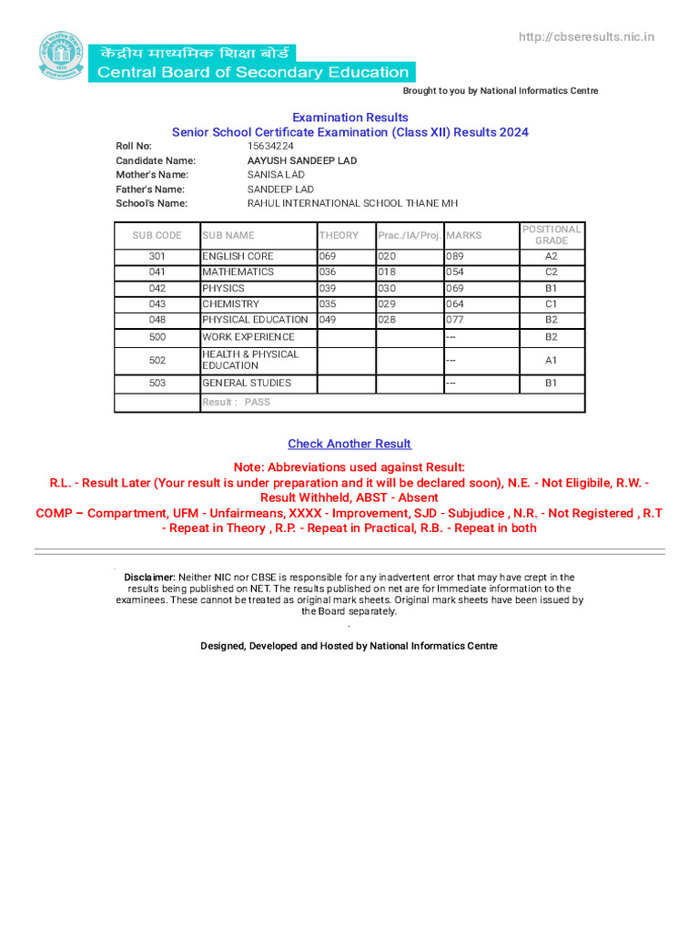CBSE - Senior School Certificate Examination (Class XII) Results 2024 ...