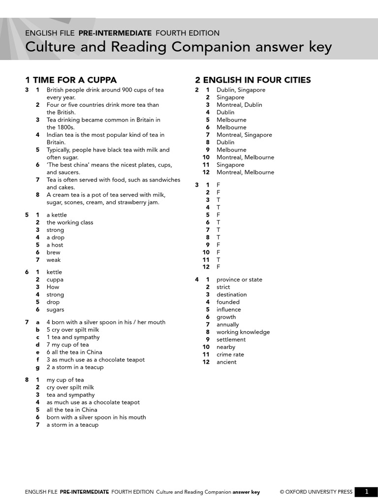 English File 4e Pre Int Culture Reading Comp Answer Key | PDF | Tea