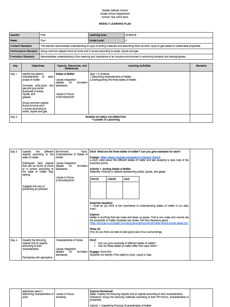 Science 3 Week Plan q1 w4 | Download Free PDF | Matter | Gases