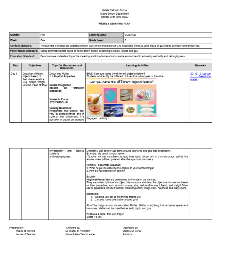 Science 3 Week Plan q1 w1 | PDF | Matter | Learning