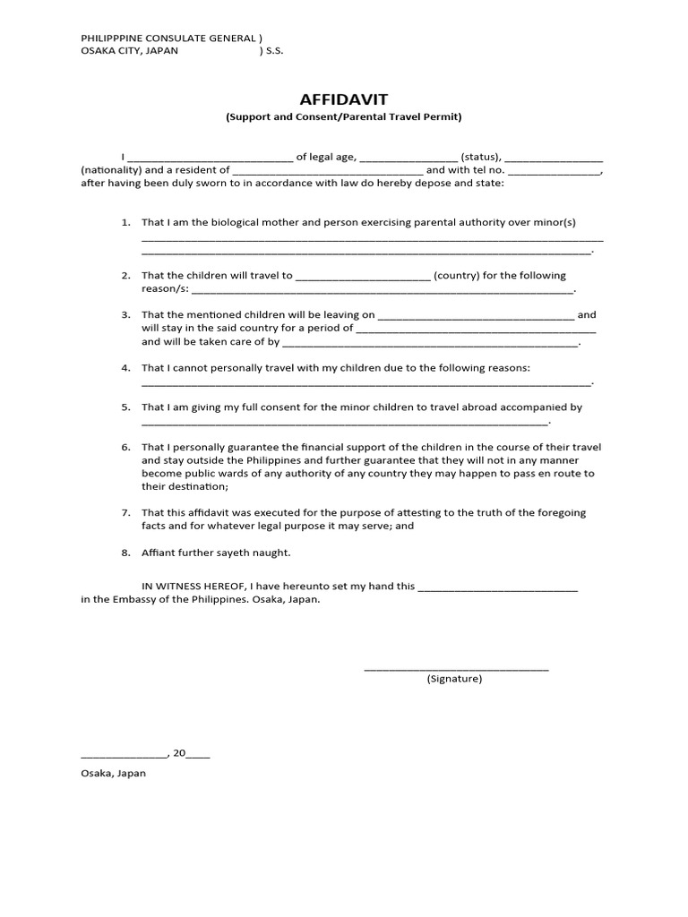Parental Travel Consent Affidavit Template | PDF | Law