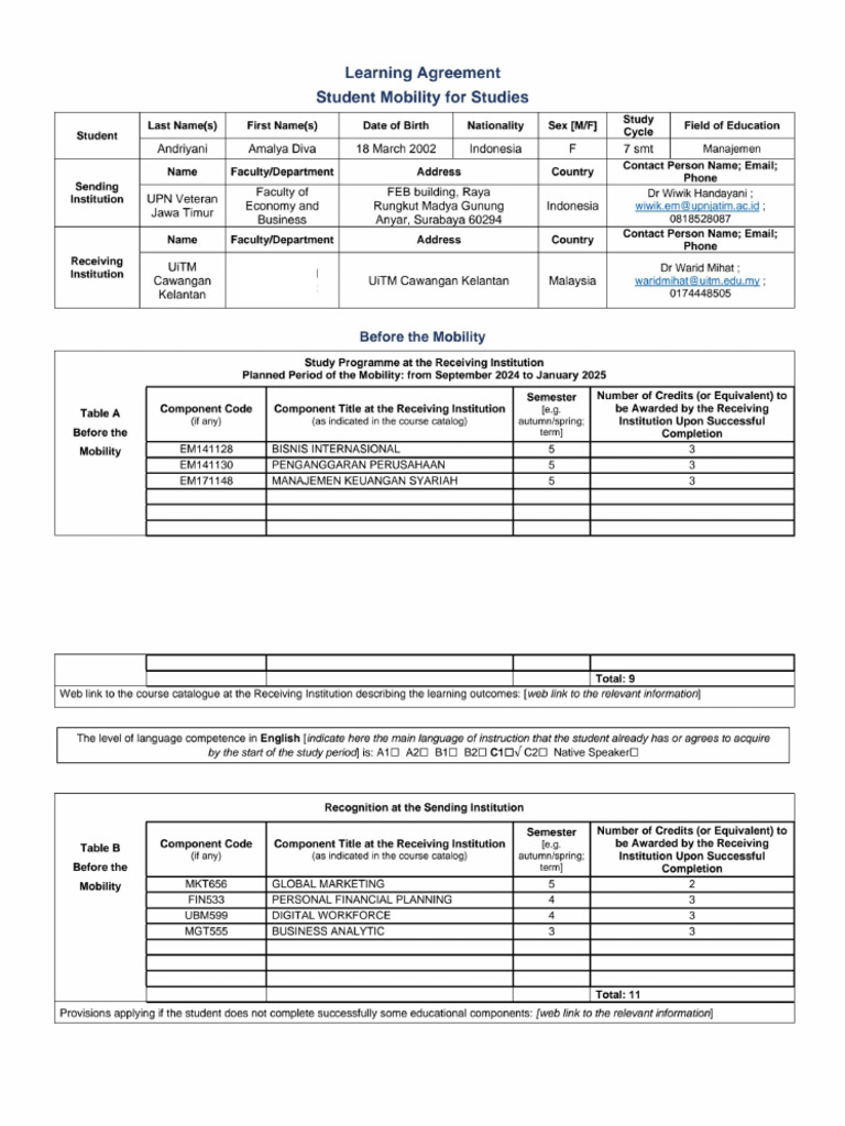 Learning Agreement Management ICT Merged | PDF