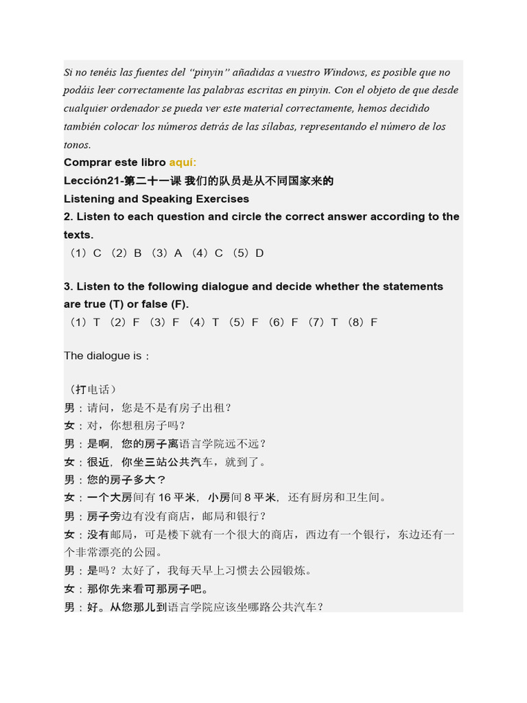 Soluciones Libro New Practical Chinese Reader 2 | PDF