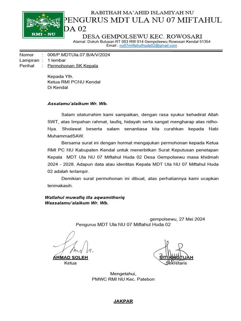 Contoh Surat Permohonan SK Kamad | PDF