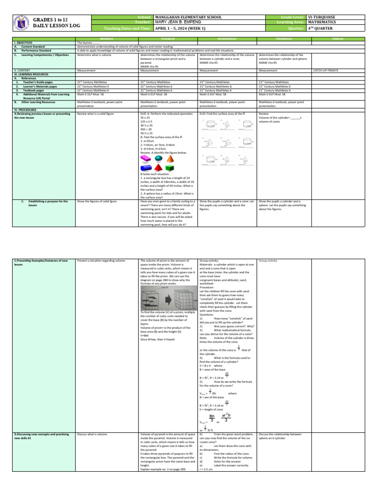 DLL - Mathematics 6 - Q4 - W1 | PDF | Volume | Area
