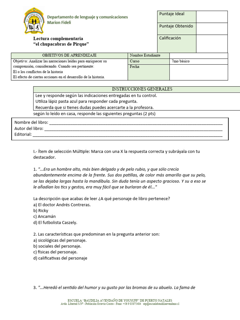 Evaluación Lectura Complementaria 7mo | PDF