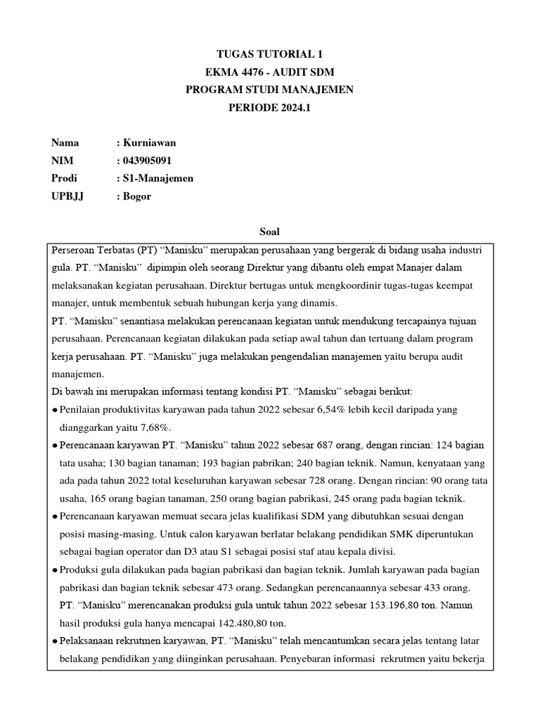 Tugas 1 Audit SDM (EKMA4476) - 1 - Revisi | PDF | Bisnis | Pengelolaan Keuangan & Uang