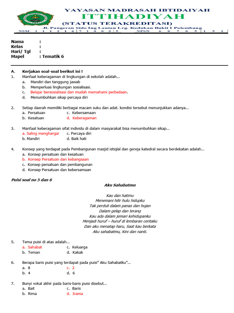 Soal PAS Kelas 4 Tema 6 - Kamimadrasah | PDF