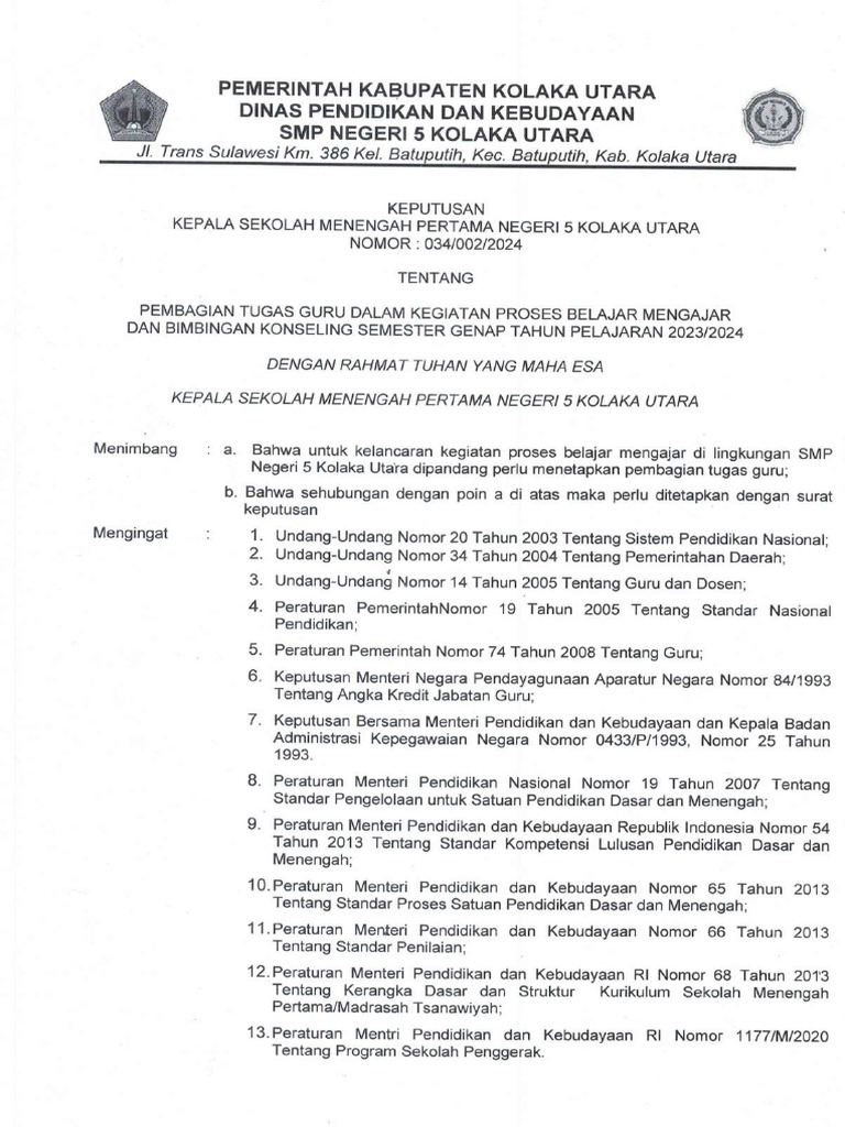 SK Pembagian Tugas SM2 2023-2024 | PDF