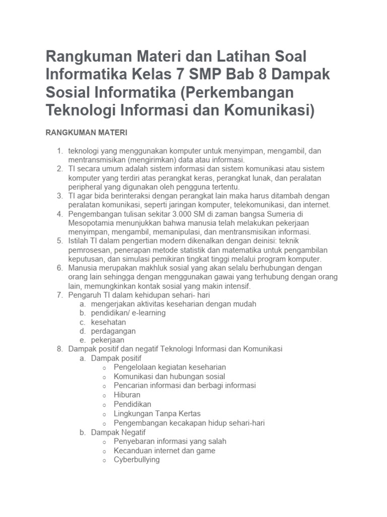 Rangkuman Materi Dan Latihan Soal Informatika Kelas 7 SMP Bab 8 Dampak Sosial Informatika | PDF