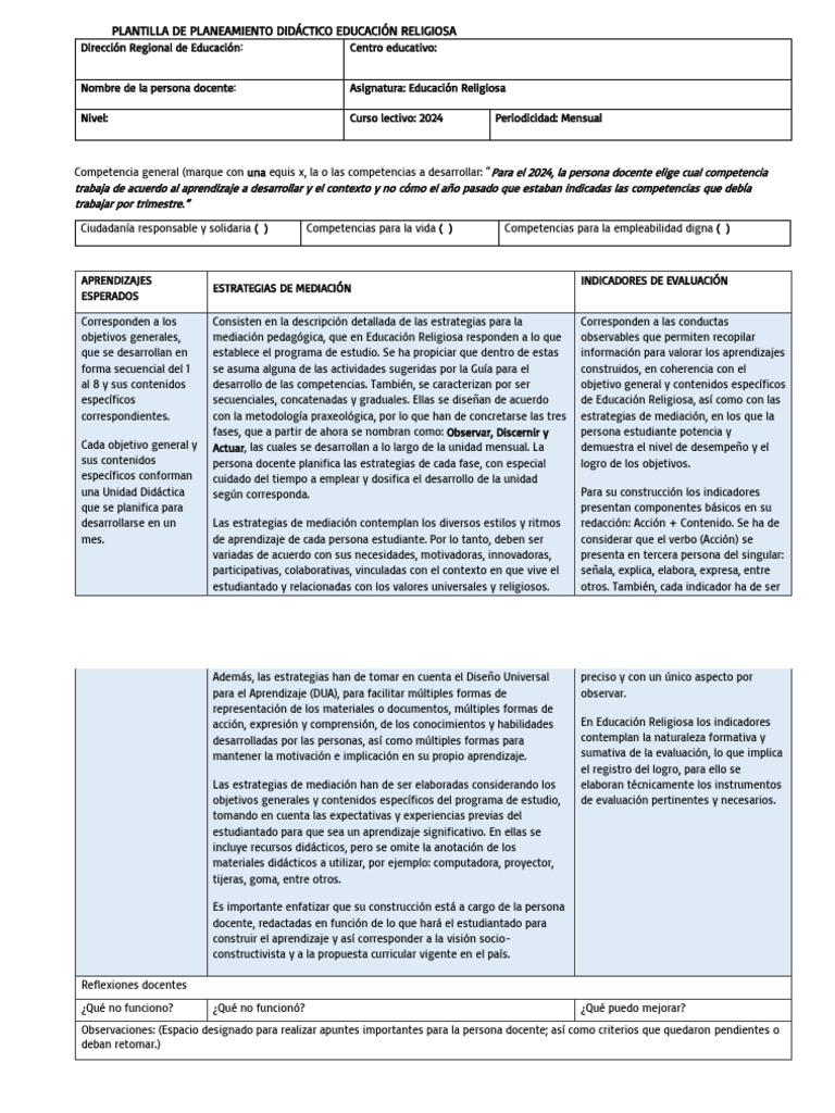 Plantilla de Planeamiento Didáctico ERE 2024 | PDF | Aprendizaje | Evaluación