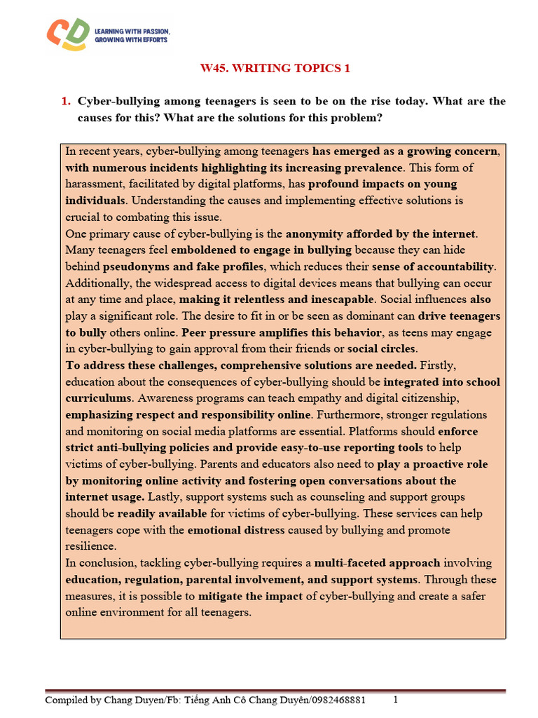 Writing Topics 1 | PDF | Cyberbullying | Adolescence