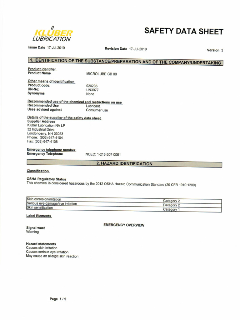 SDS Kluber Microlube GB 00 07172019 EN | PDF