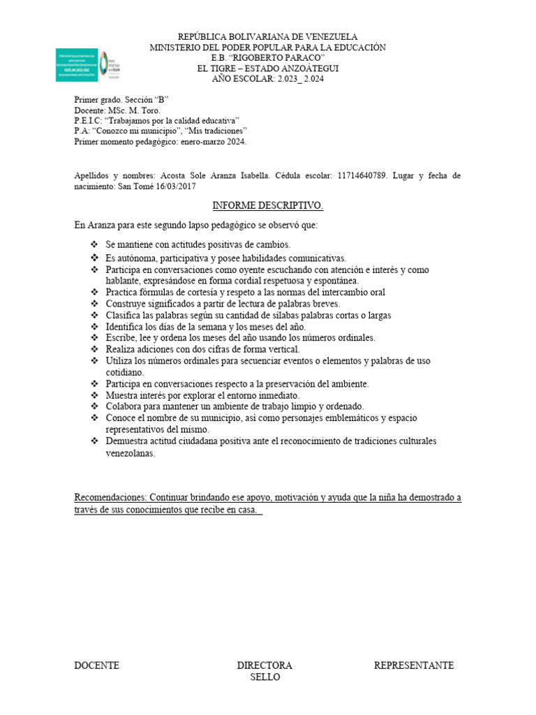 INFORME DESCRIPTIVO Primer Grado Segundo Momento | Descargar gratis PDF ...