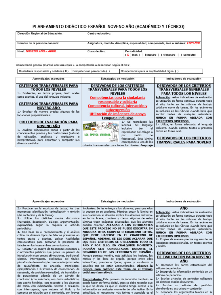 Planeamiento Didáctico Español Noveno Año Abril | PDF | Evaluación | Maestros