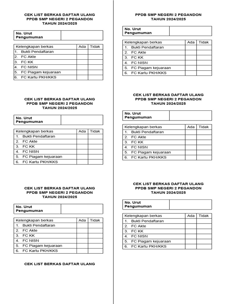 Cek List Berkas Daftar Ulang | PDF