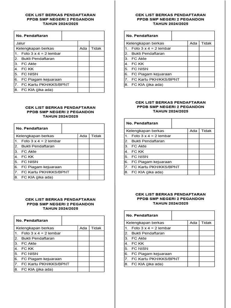 Cek List Berkas Pendaftran | PDF