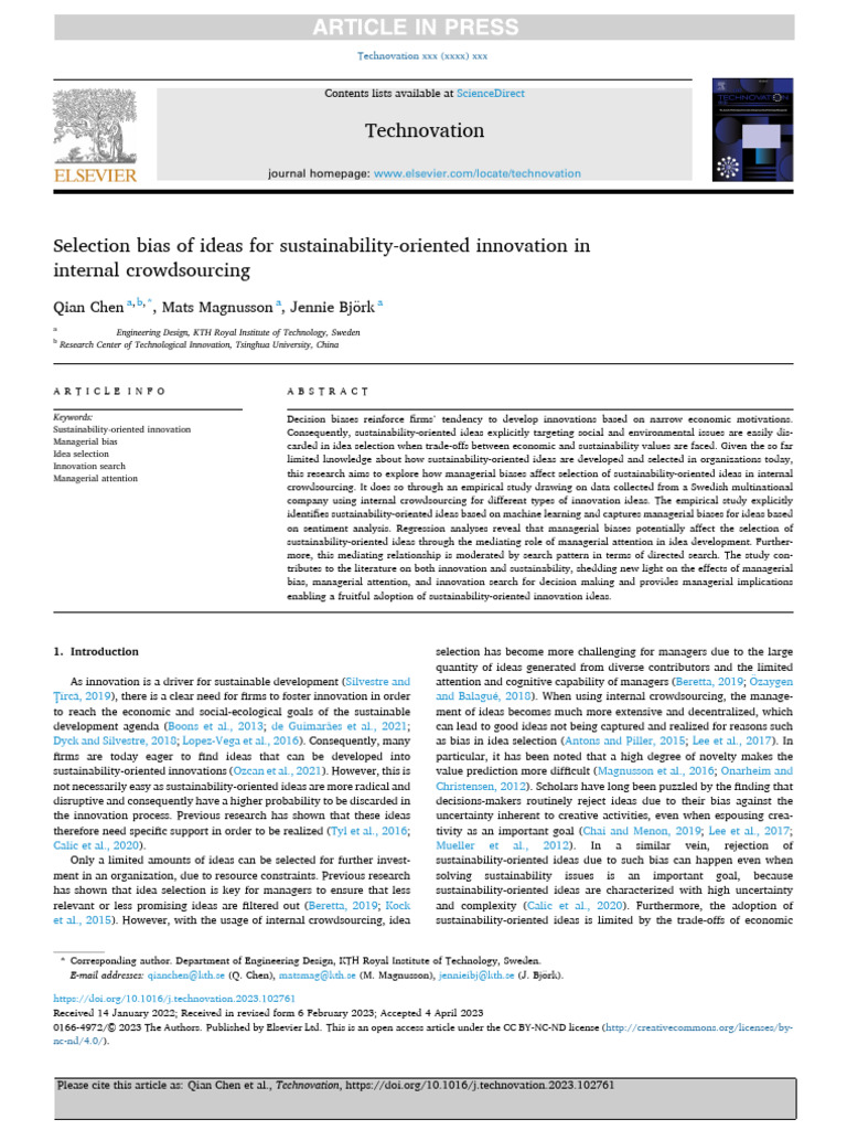 Technovation-QianChen Et Al.-Selection Bias of Ideas For Sustainability-Oriented Ideas | PDF ...