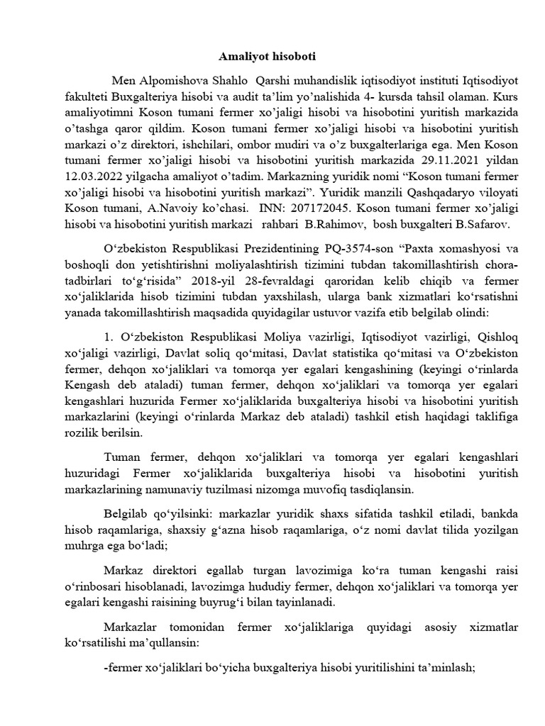 Amaliyot Hisoboti | PDF