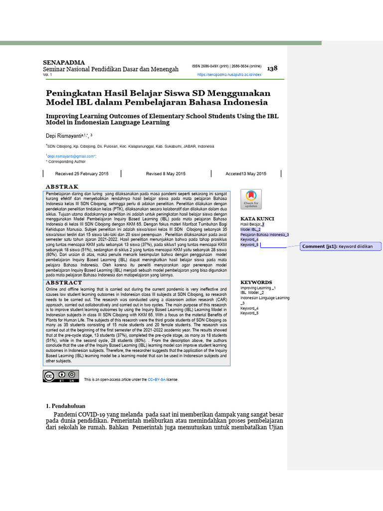 Peningkatan Hasil Belajar Siswa SD Menggunakan Model IBL Dalam Pembelajaran Bahasa Indonesia | PDF