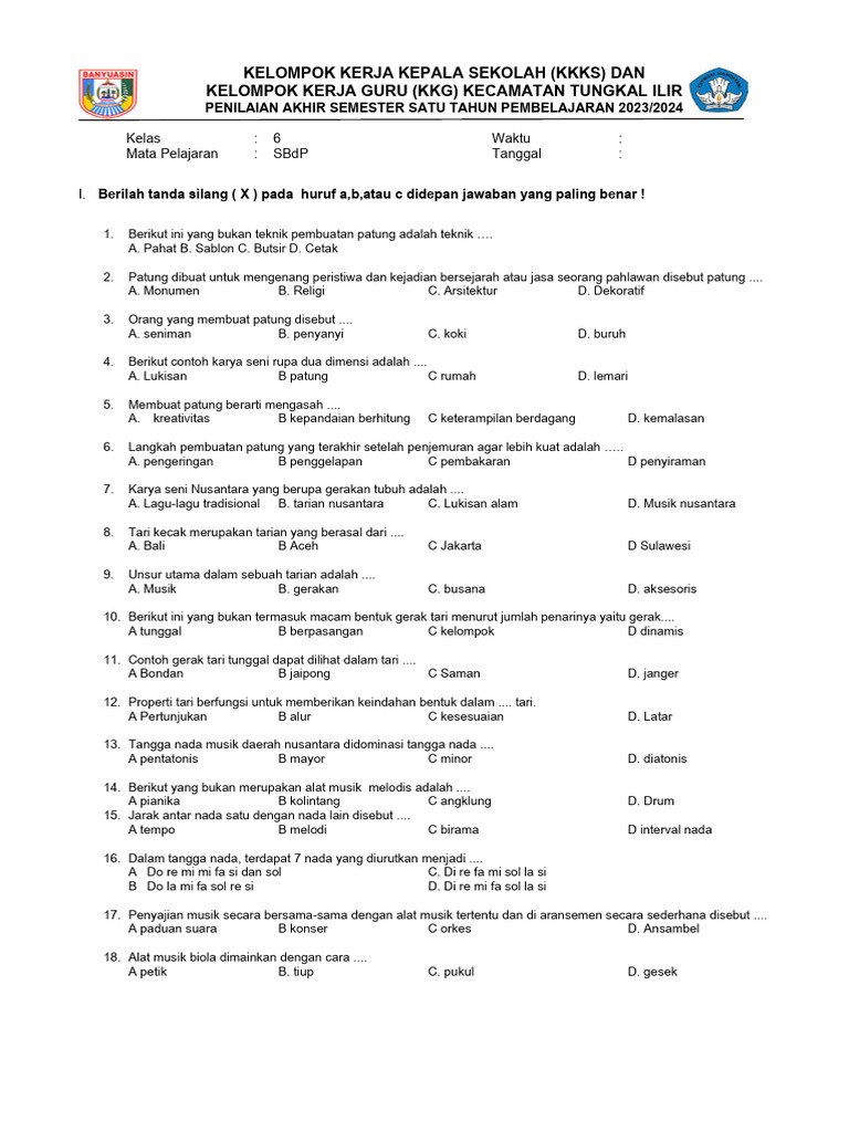 Soal SBK Kelas 6 2023 2024 | PDF