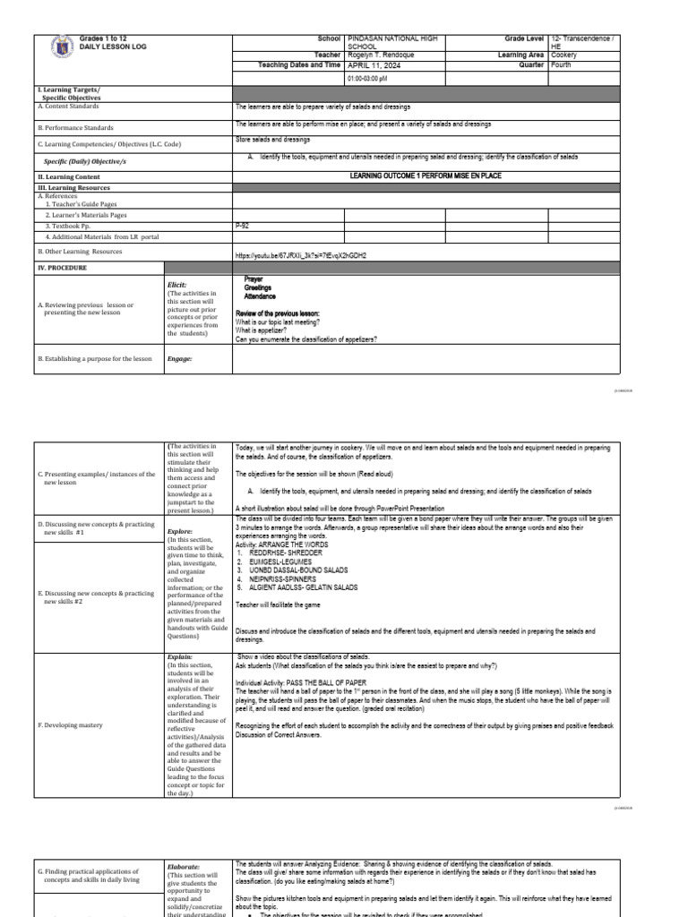 Salad Lesson Plan | PDF | Learning | Teachers