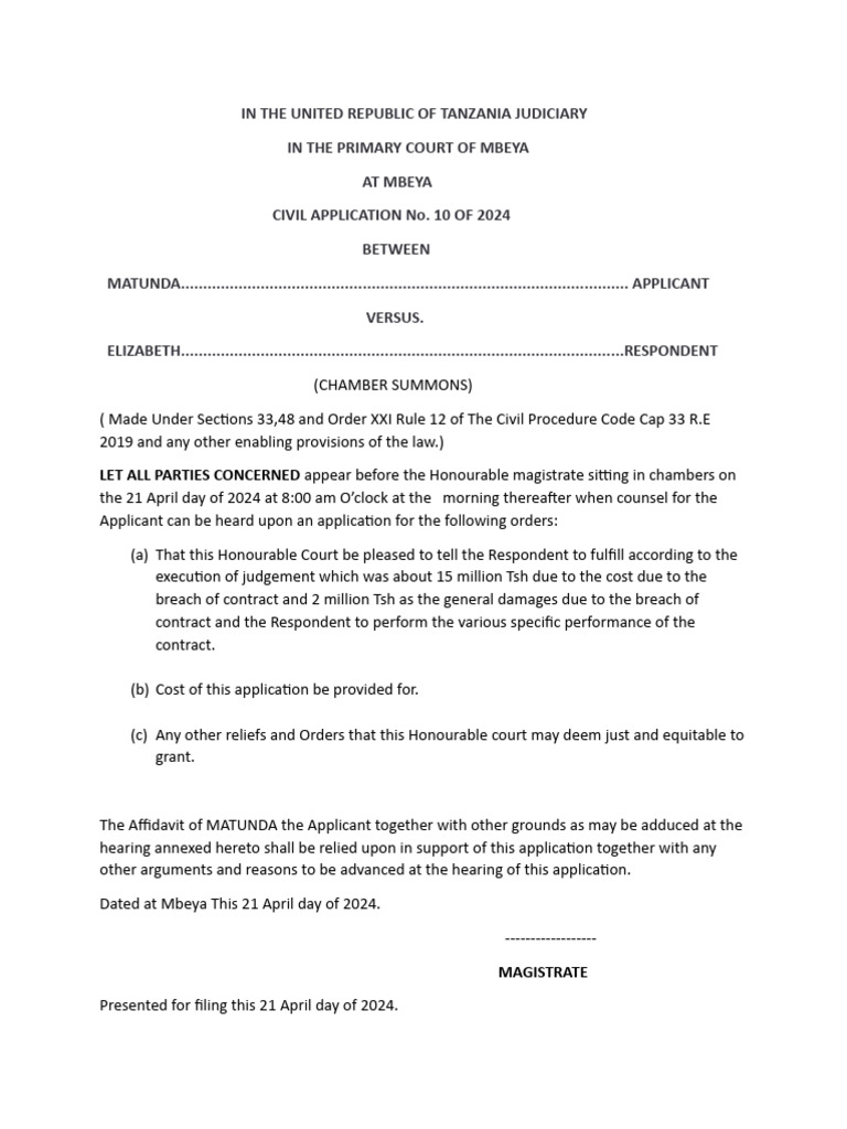 Chamber Summons | Download Free PDF | Affidavit | Separation Of Powers