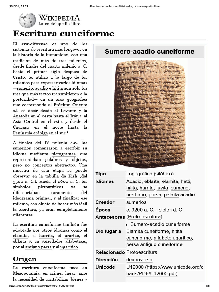 Escritura Cuneiforme - Wikipedia, La Enciclopedia Libre | PDF | Cuneiforme | Antiguo Cercano Oriente