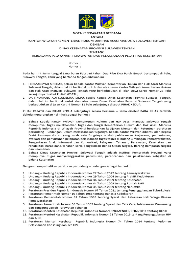 MoU Pelayanan Kesehatan Dan Pelatihan 2024 | PDF