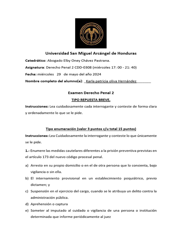 Karla Oliva Examen de Derecho Penal 2 Primer Parcial | PDF | Mandato ... Karla Oliva Examen de Derecho Penal 2 Primer Parcial | PDF | Mandato ...