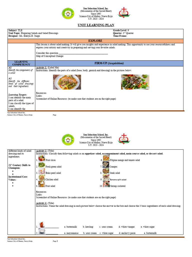 Learning Plan Cookery 9 | PDF | Salad | Mayonnaise