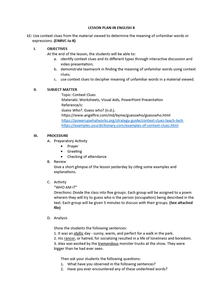 Context Clues Lesson Plan for Grade 8 | PDF | Lesson Plan