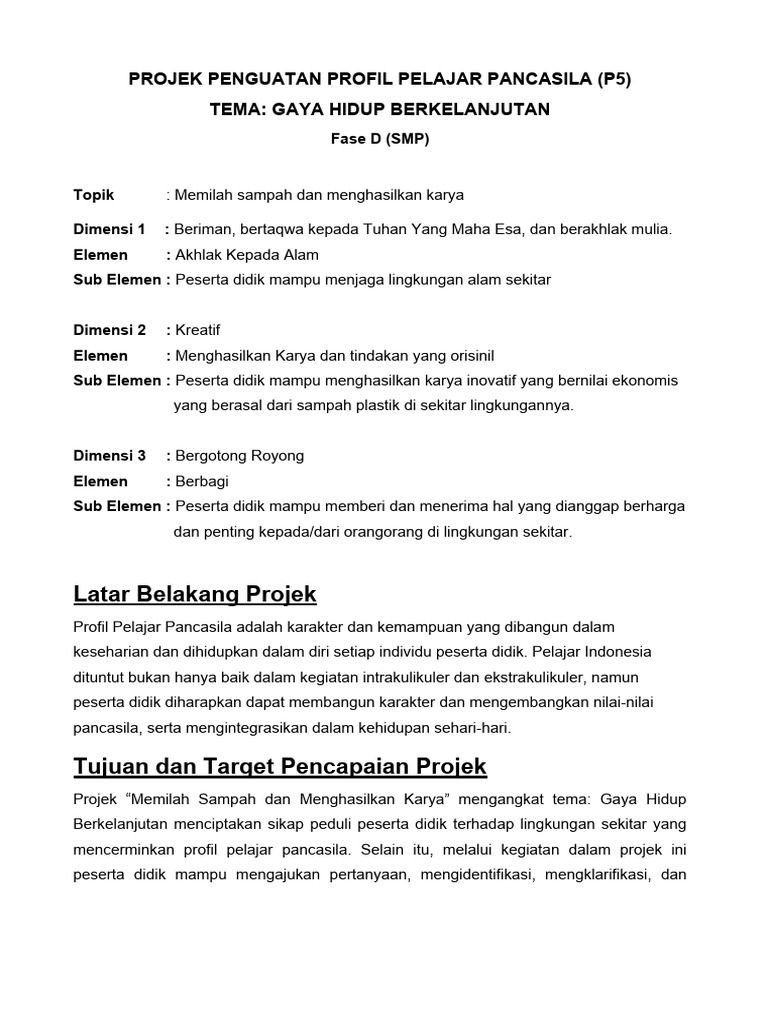 Modul Projek p5 Gaya Hidup Berkealnjutan (Tema 1) SMPN 4 TP 23..24 | PDF | Seni