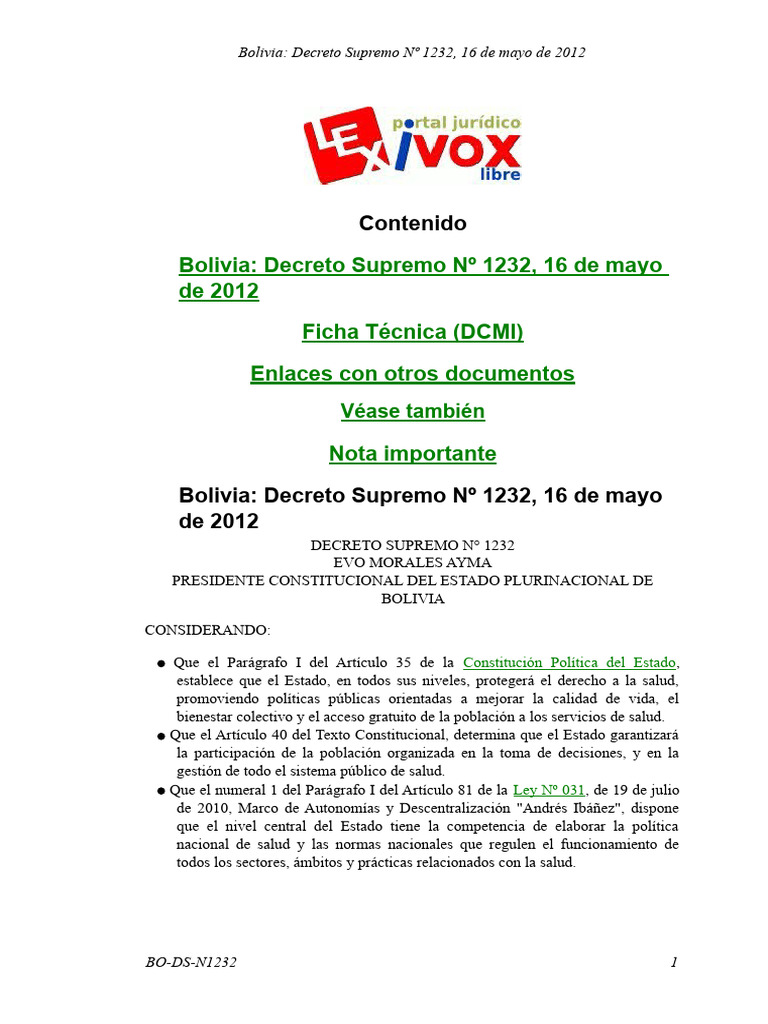 Contenido: Bolivia: Decreto Supremo #1232, 16 de Mayo de 2012 Ficha Técnica (DCMI) Enlaces Con ...