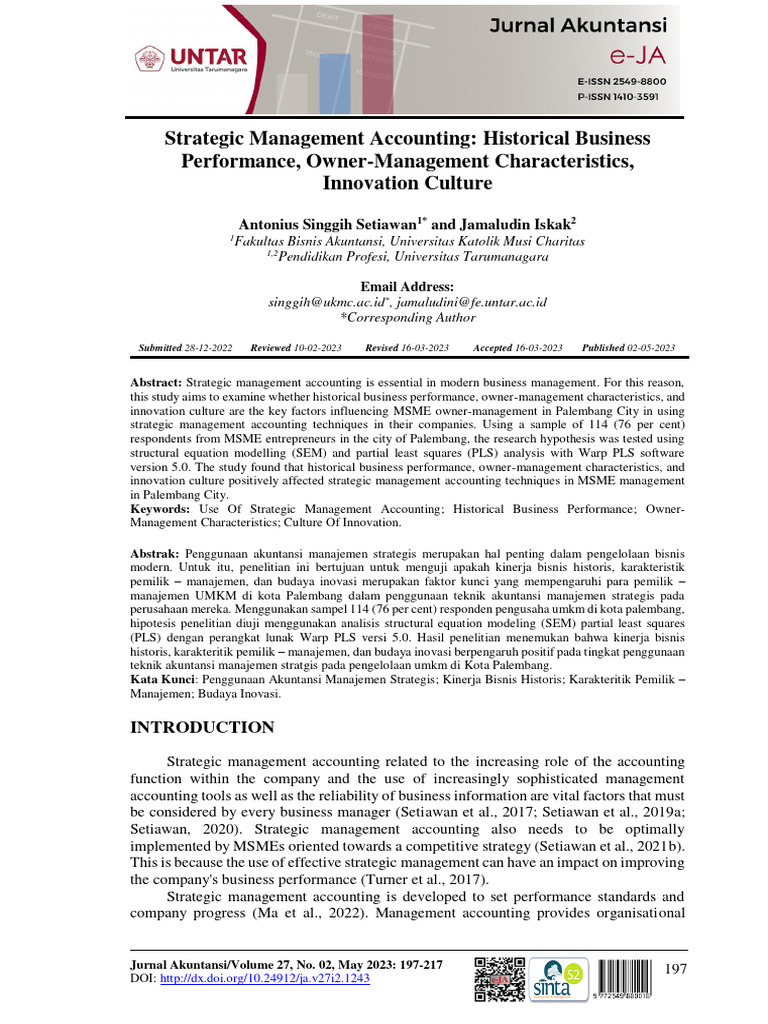 Strategic Management Accounting: Historical Business Performance, Owner-Management ...