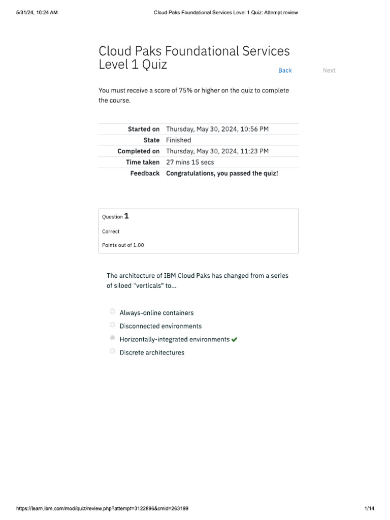 Cloud Paks Foundational Services Level 1 Quiz | PDF