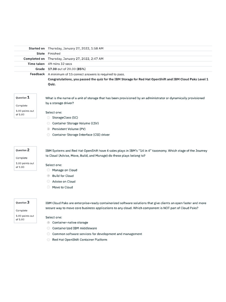 IBM Storage For Containers and IBM Cloud Paks V1 Quiz | PDF | Cloud Computing | Red Hat