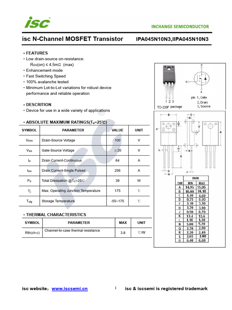 Isc N-Channel MOSFET Transistor: IPA045N10N3, IIPA045N10N3 | Download Free PDF | Field Effect ...