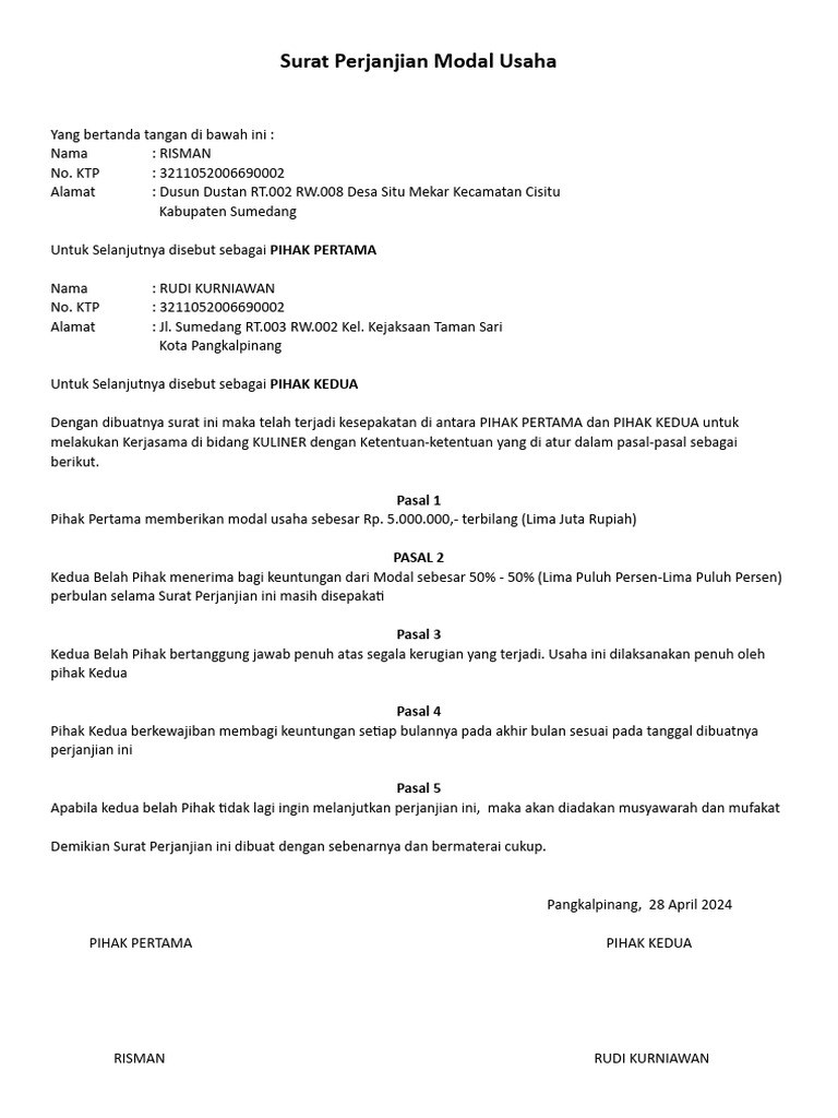 Surat Perjanjian Modal Usaha Kuliner Pdf