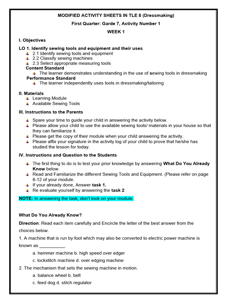 MODIFIED ACTIVITY SHEETS IN TLE 7 Dressmaking | PDF | Sewing | Sewing Machine