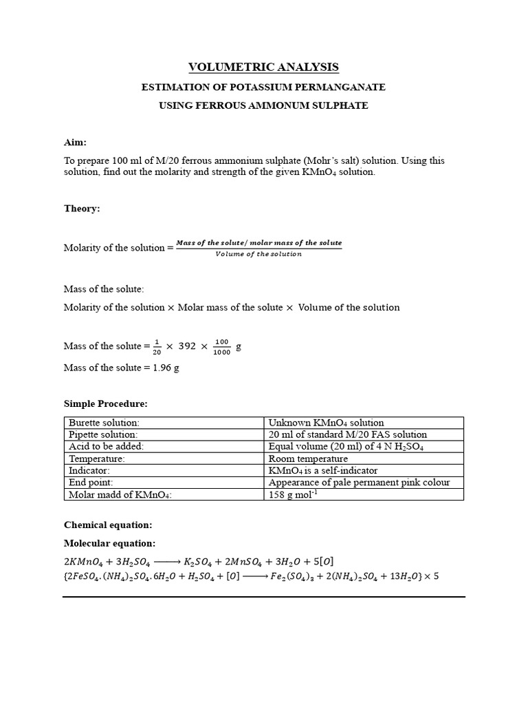 Volumetric Analysis Fas | PDF | Titration | Chemistry