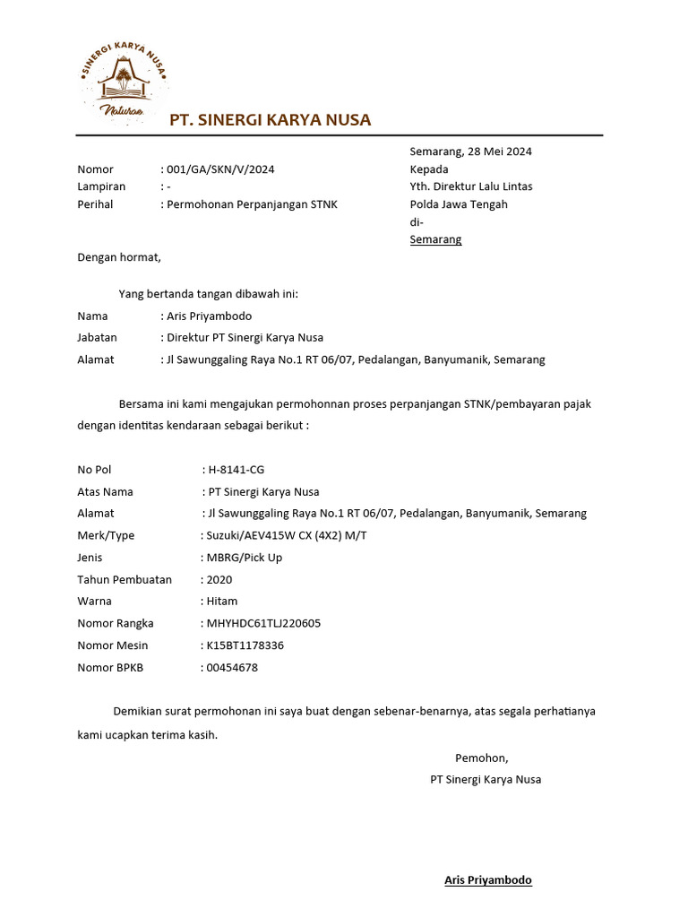 Surat Permohonan Perpanjangan STNK | PDF