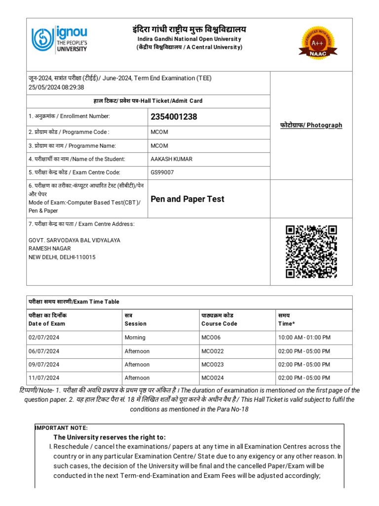 Ignou June-2024 - Hall Ticket - Admit Card | PDF