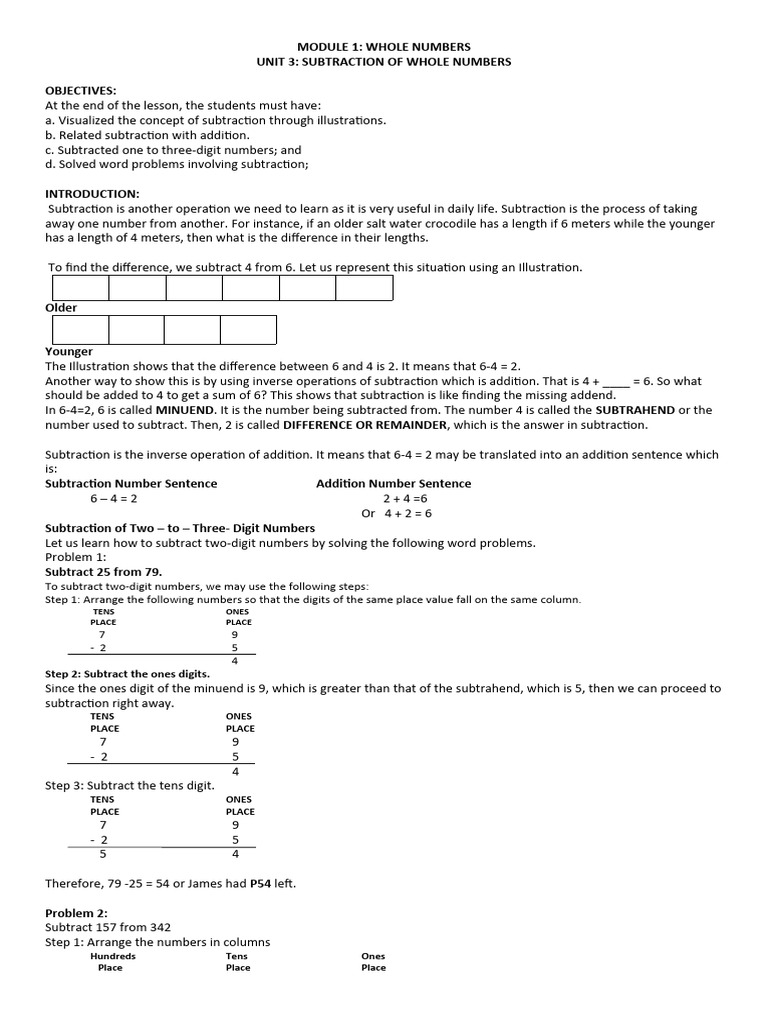N Module 1 Unit 3 Pdf Subtraction Mathematics
