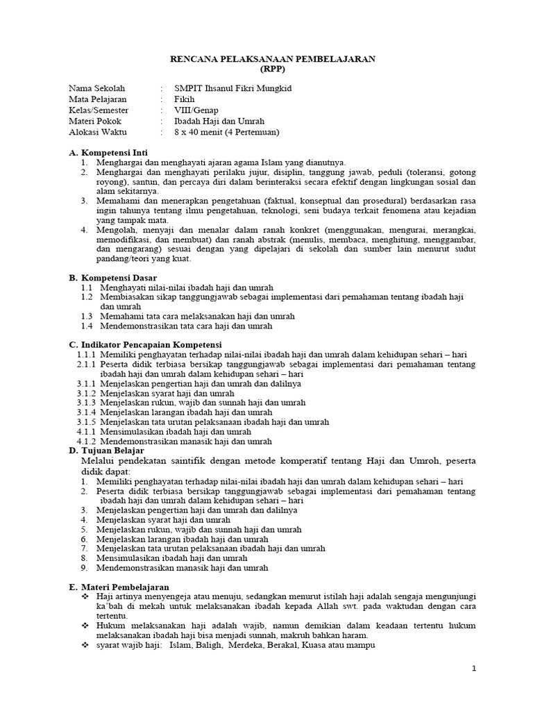 RPP FIQH KELAS 8 Bab.4 Haji Dan Umroh Rev | PDF