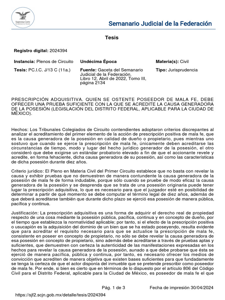 Prescripción Adquisitiva y Mala Fe | PDF | Posesión (Ley) | Justicia
