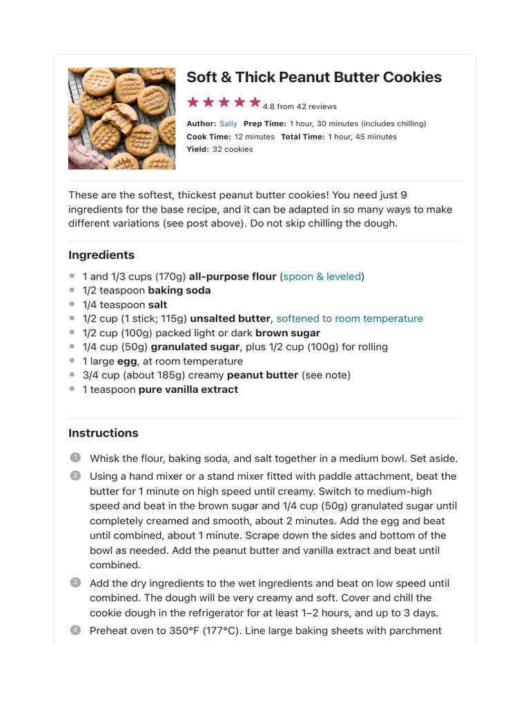 Soft & Thick Peanut Butter Cookies Recipe - Sally's Baking Addiction | Download Free PDF ...